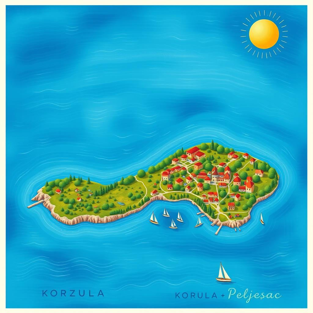 Artistic Map of Korčula and Pelješac Islands - Vivid Adriatic Illustration