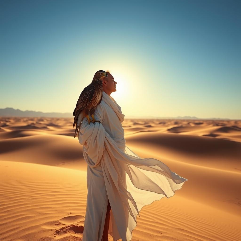 Solitary Man and Majestic Hawk in a Golden Desert: A Serene Adventure