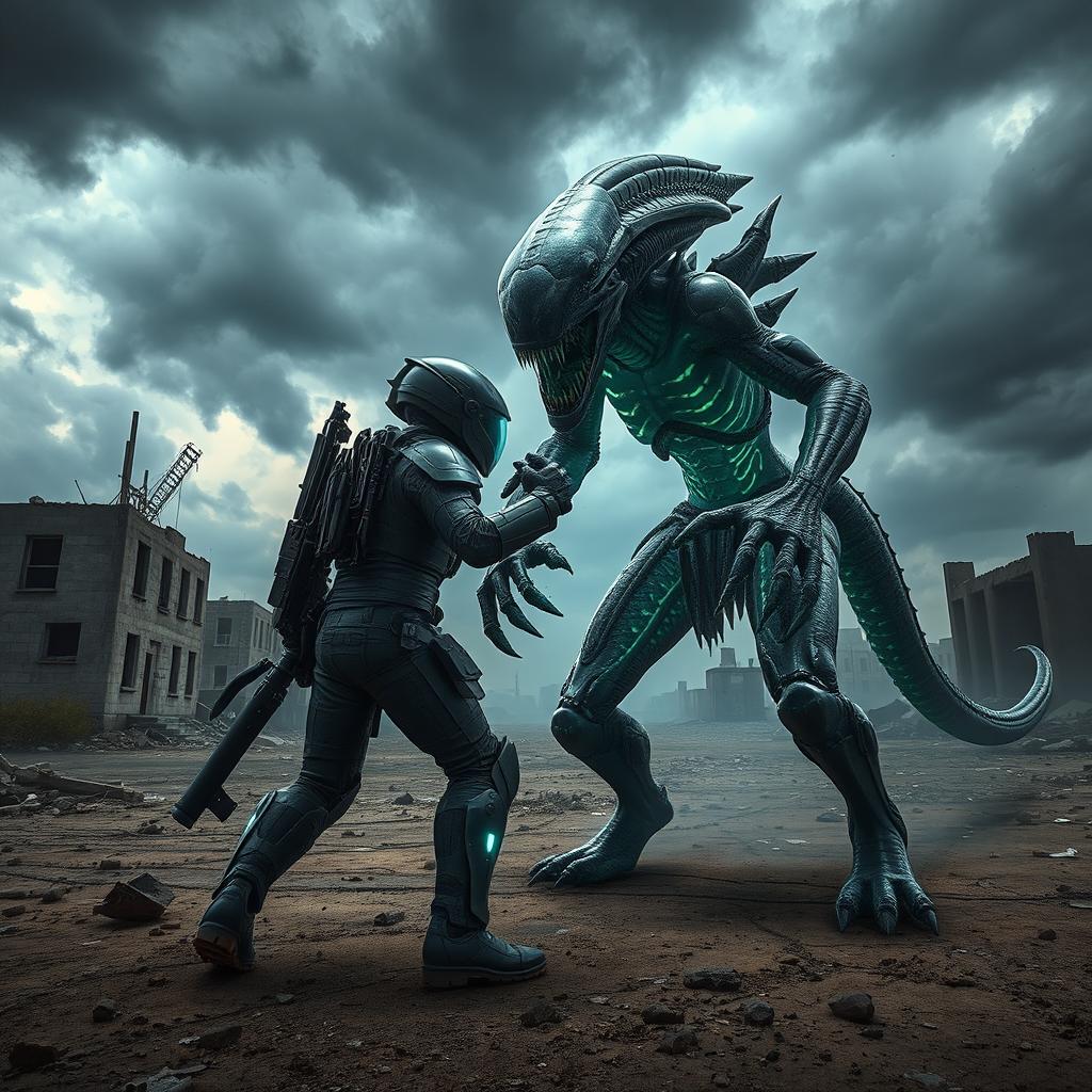 Epic Final Battle: Futuristic Warrior vs. Alien Predator