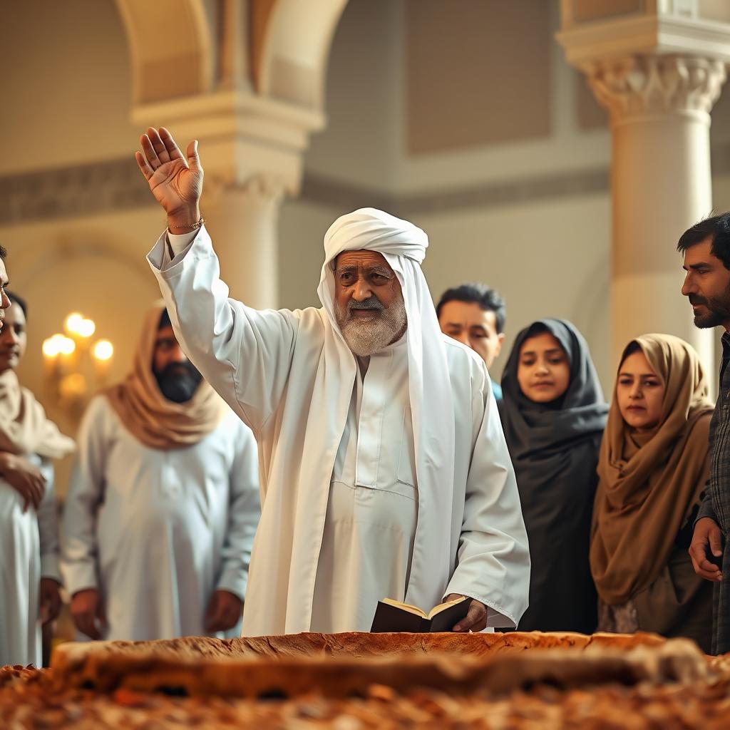 Elderly Sheikh in Reverence: A Family Gathering Under Middle Eastern Skies