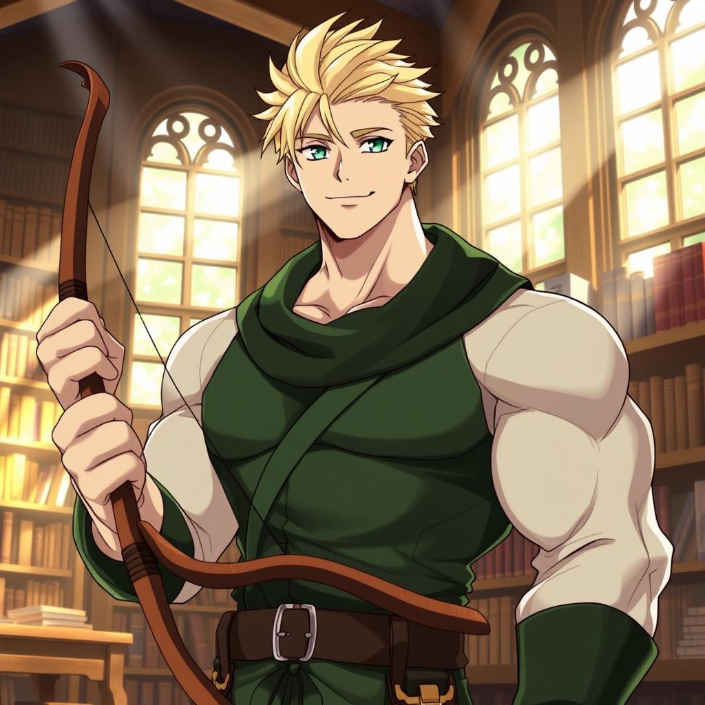 Muscular Anime Librarian - Strength Meets Intellect in a Cozy Library