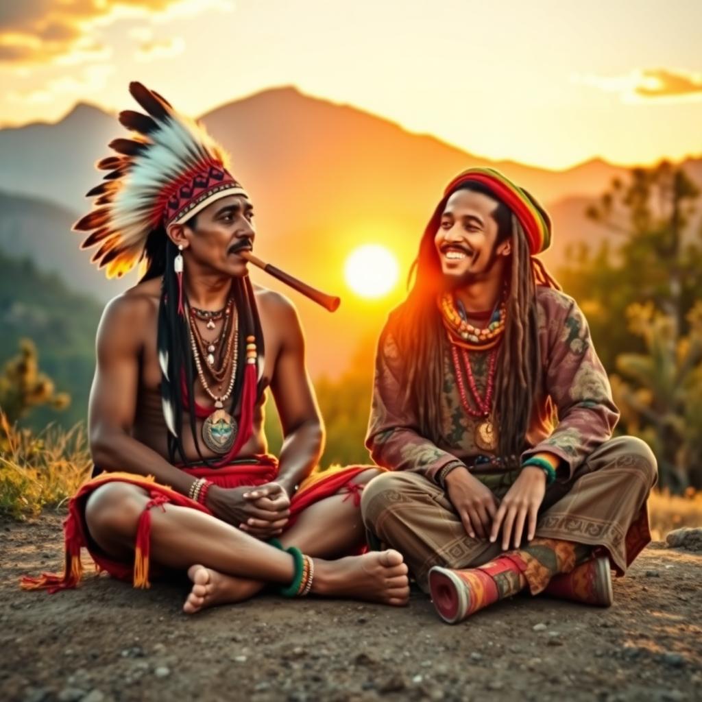 Cultural Harmony: Apache Warrior & Bob Marley in Peaceful Reflection