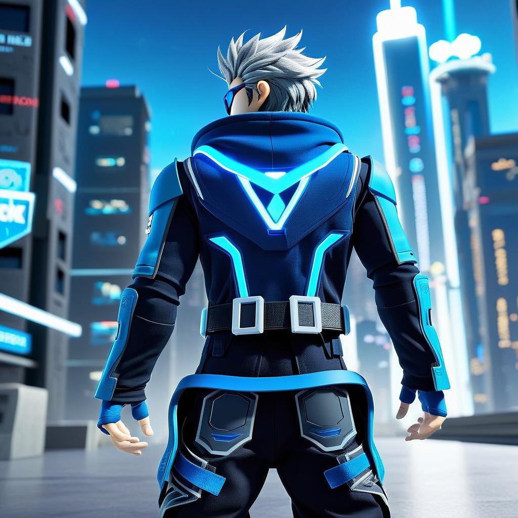 Futuristic Roblox Character Design in a Neon Cityscape