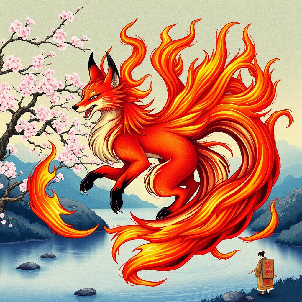 Stunning Kitsune Illustrations in Hokusai Style | Vibrant Fire & Serene ...