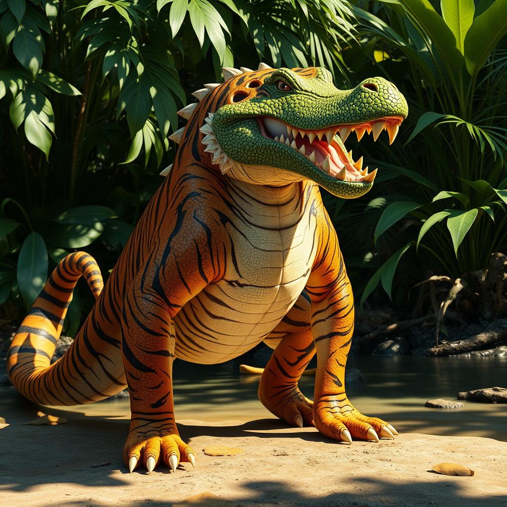 Mythical Tiger-Alligator Creature in Lush Jungle Setting