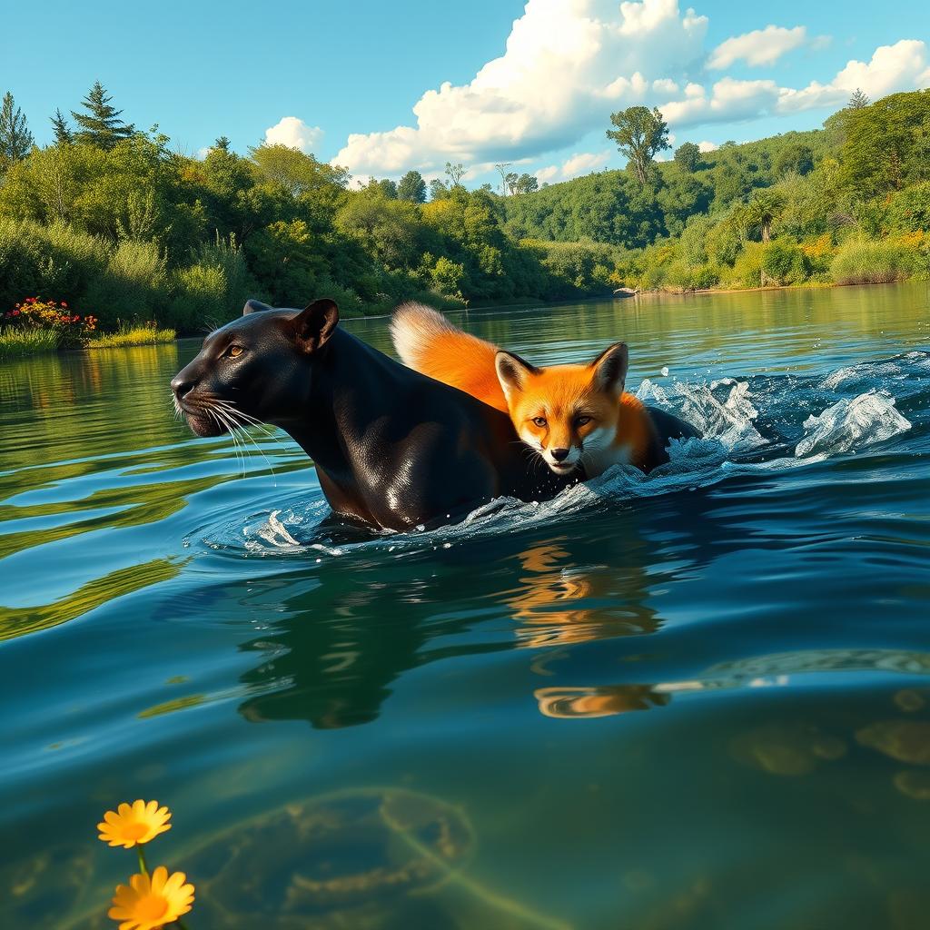 Majestic Panther & Playful Fox: An Aquatic Adventure