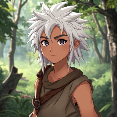 Primitive Anime Character Design with Striking White Hair