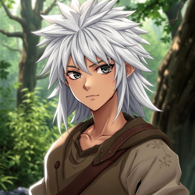 Primitive Anime Character Design with Striking White Hair