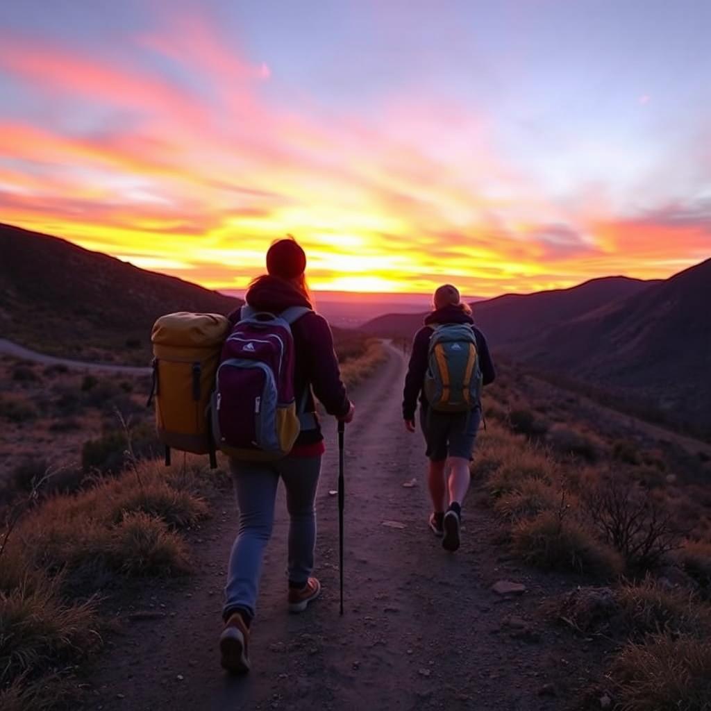 Serene Sunset Adventure: Two Backpackers on a Winding Path