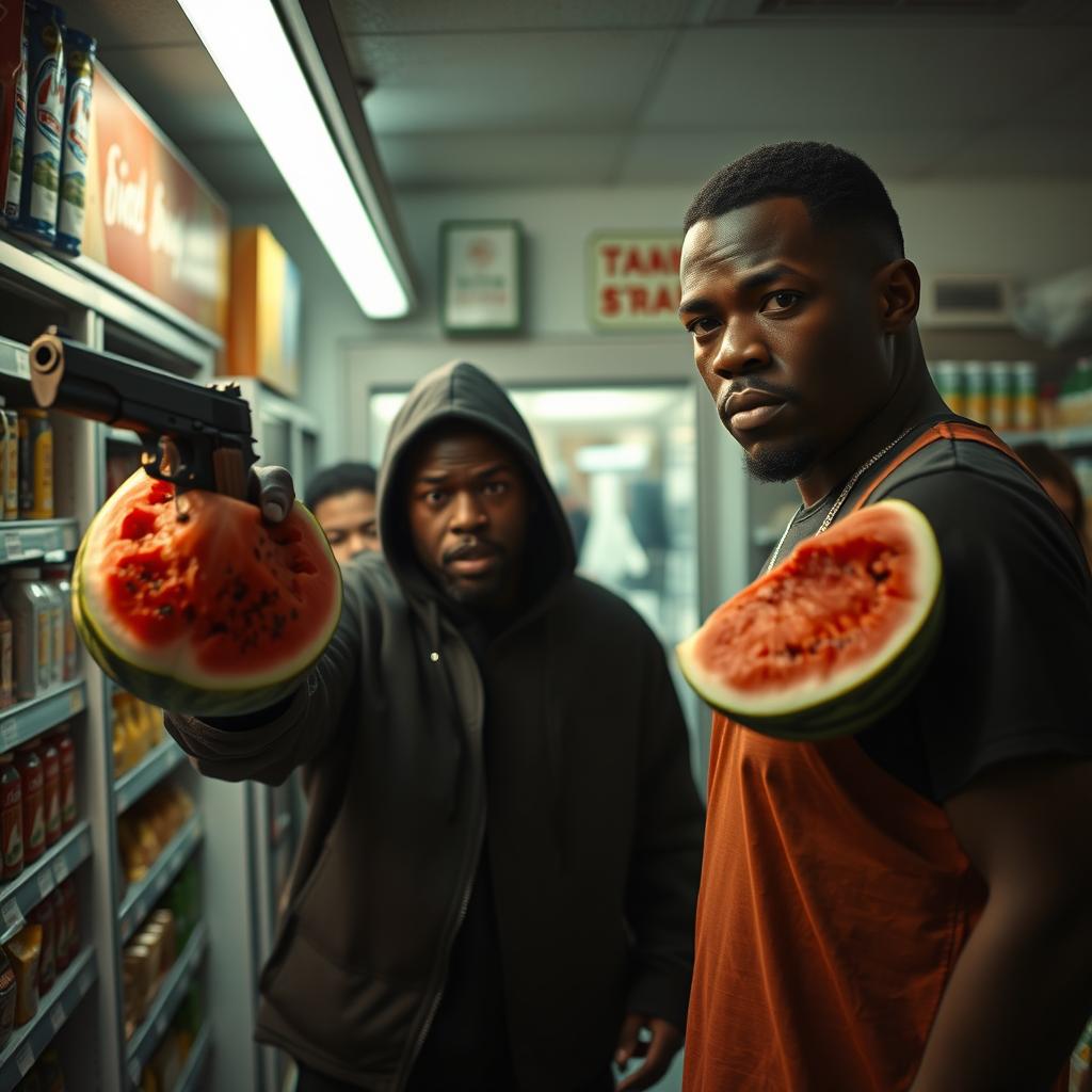 Dramatic Store Robbery: A Tense Scene of Contrast