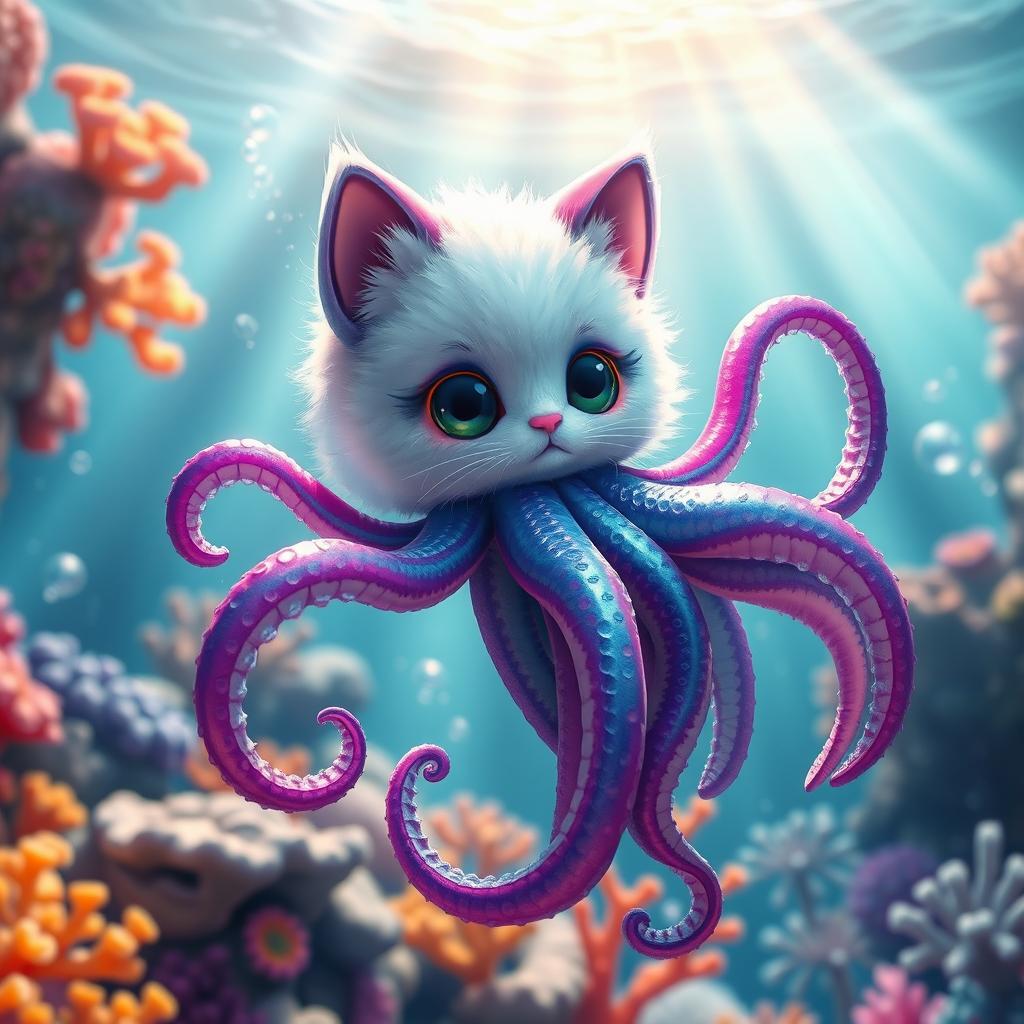 Enchanting Fantasy Creature: Fluffy Kitty Head Meets Colorful Squid Body