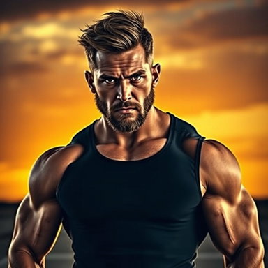 Powerful Man in Dynamic Pose Against Dramatic Sunset | Idyllic