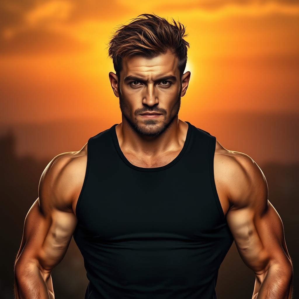 Powerful Man in Dynamic Pose Against Dramatic Sunset | Idyllic