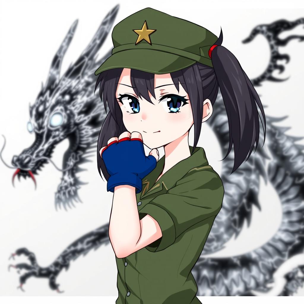 Slender Anime Girl in Military Uniform with Chinese Dragon Fantasy Artwork