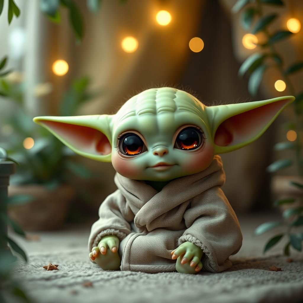 Adorable Baby Yoda in a Serene Magical Setting