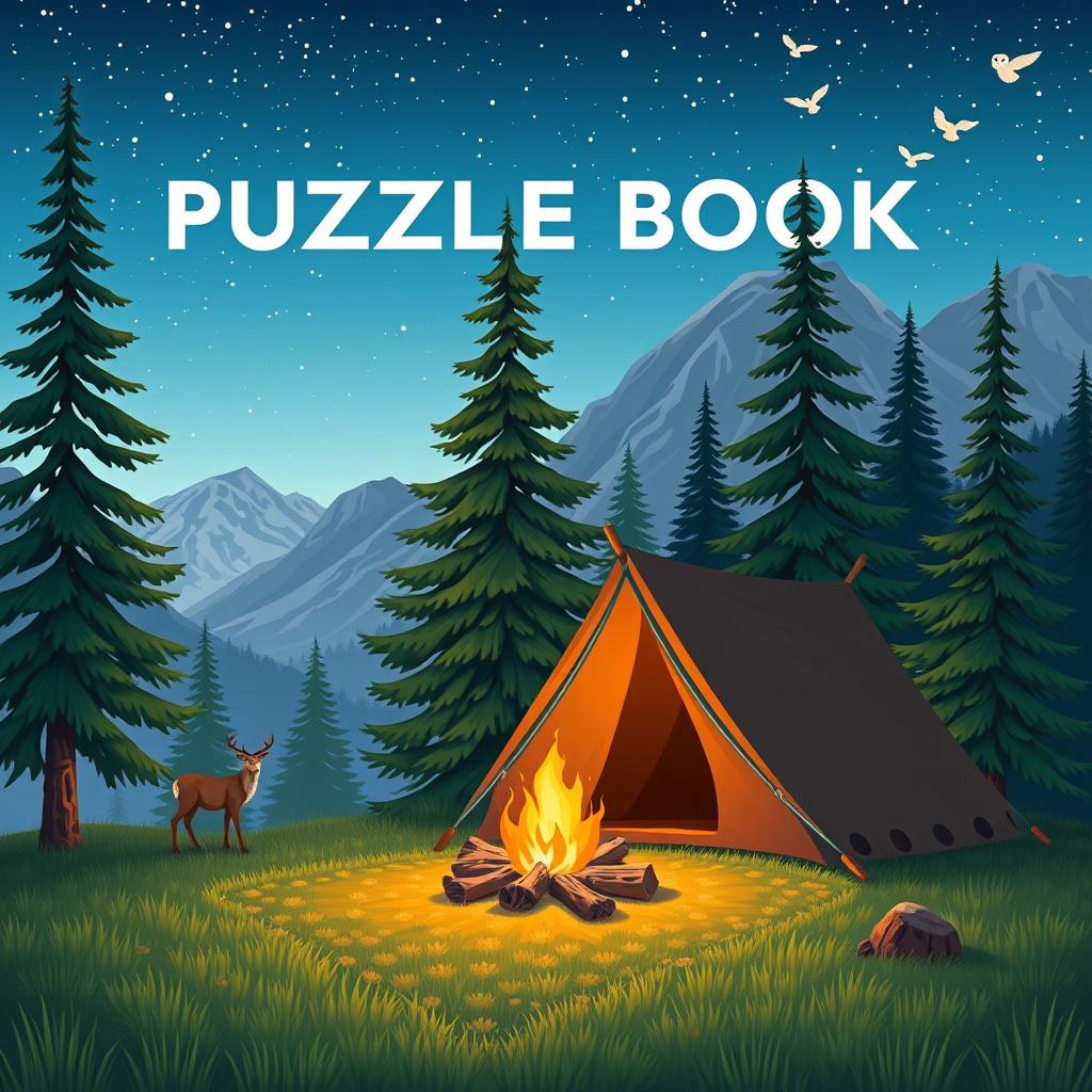 Vibrant 6x9 Puzzle Book Cover Design: Cozy Camping Adventure