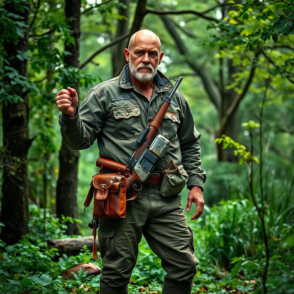 Confident Bald Hunter in Lush Wilderness | Idyllic AI Art