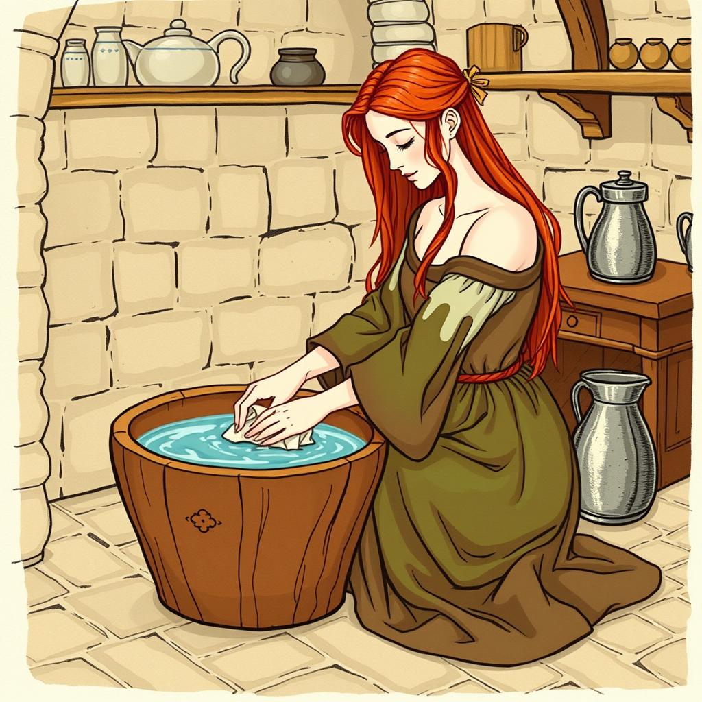 Medieval Illuminated Manuscript: Serene Bathing Scene Illustration