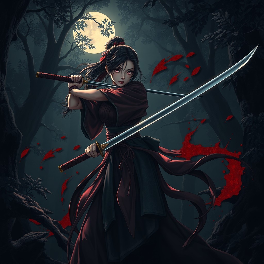 Dynamic Japanese Shadow Girl in Dark Forest – AI Art