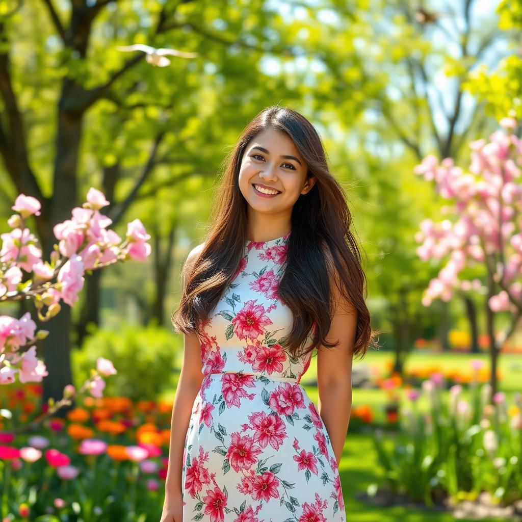Spring Joy: A Confident Young Woman in a Vibrant Floral Park