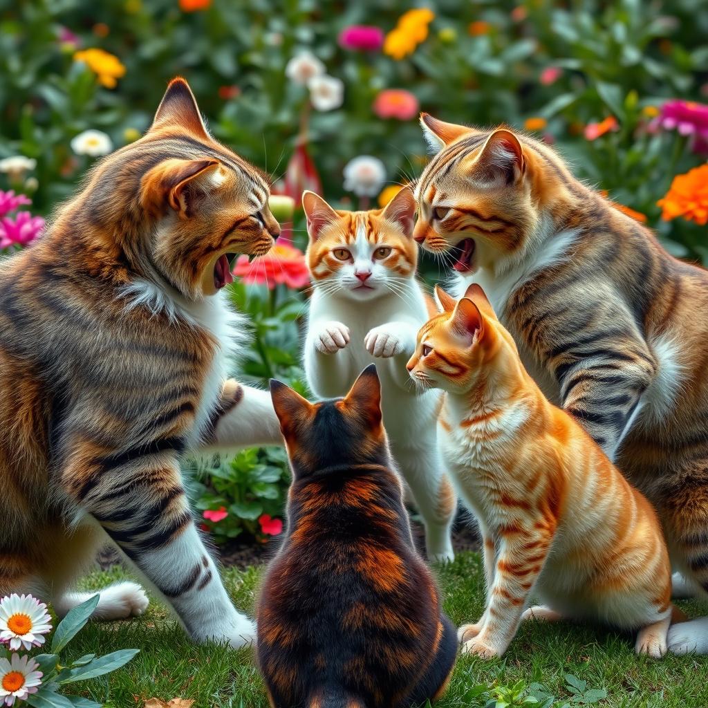 Playful Rivalry: Male Cats Compete for Feline Affection in a Lush Garden