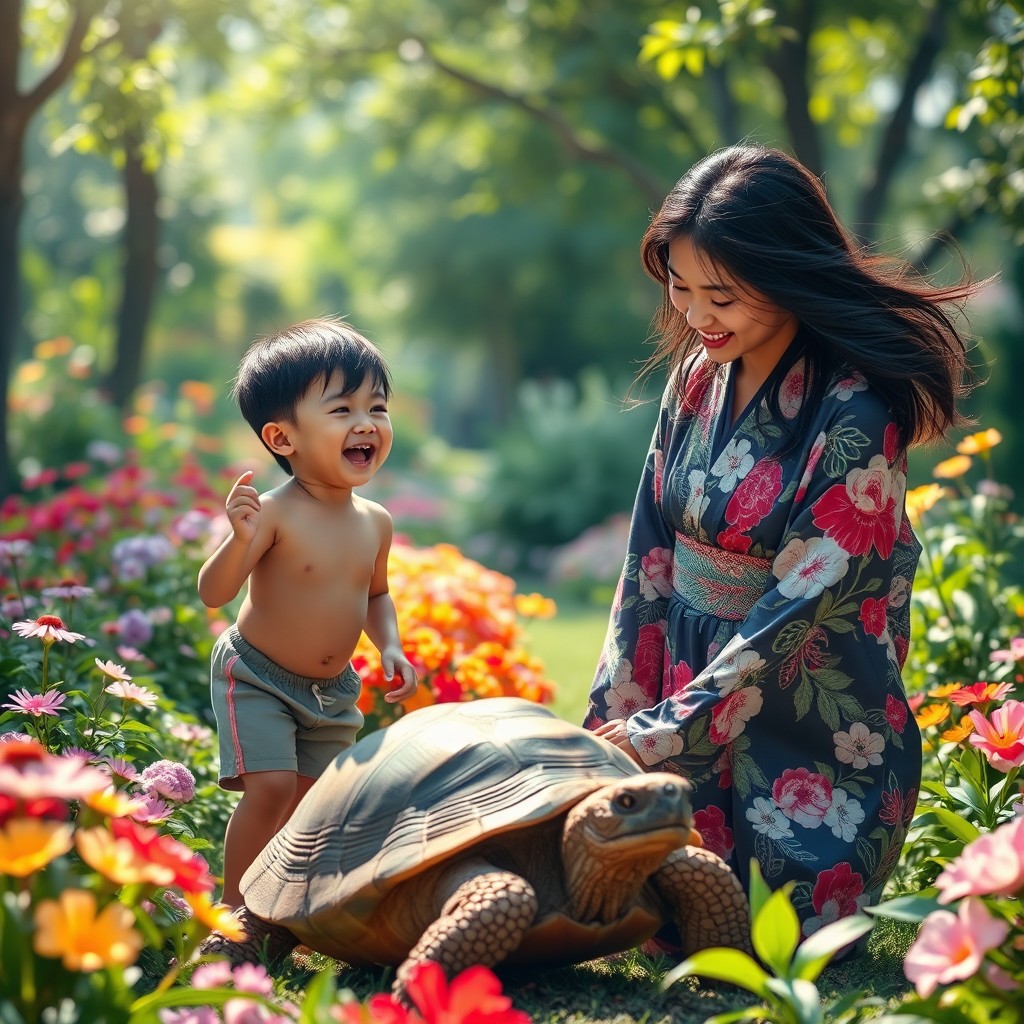 A Heartwarming Garden Adventure: Japanese Mother & Son with a Friendly Tortoise