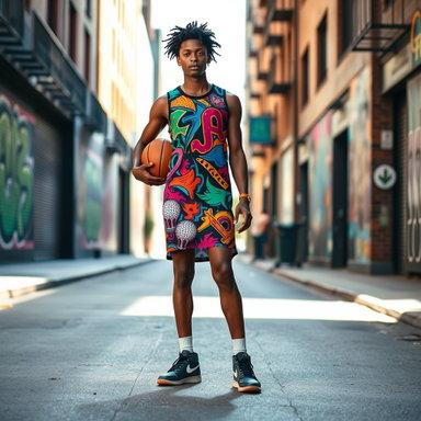 A person in an urban street setting wearing a vibrant and stylish ...