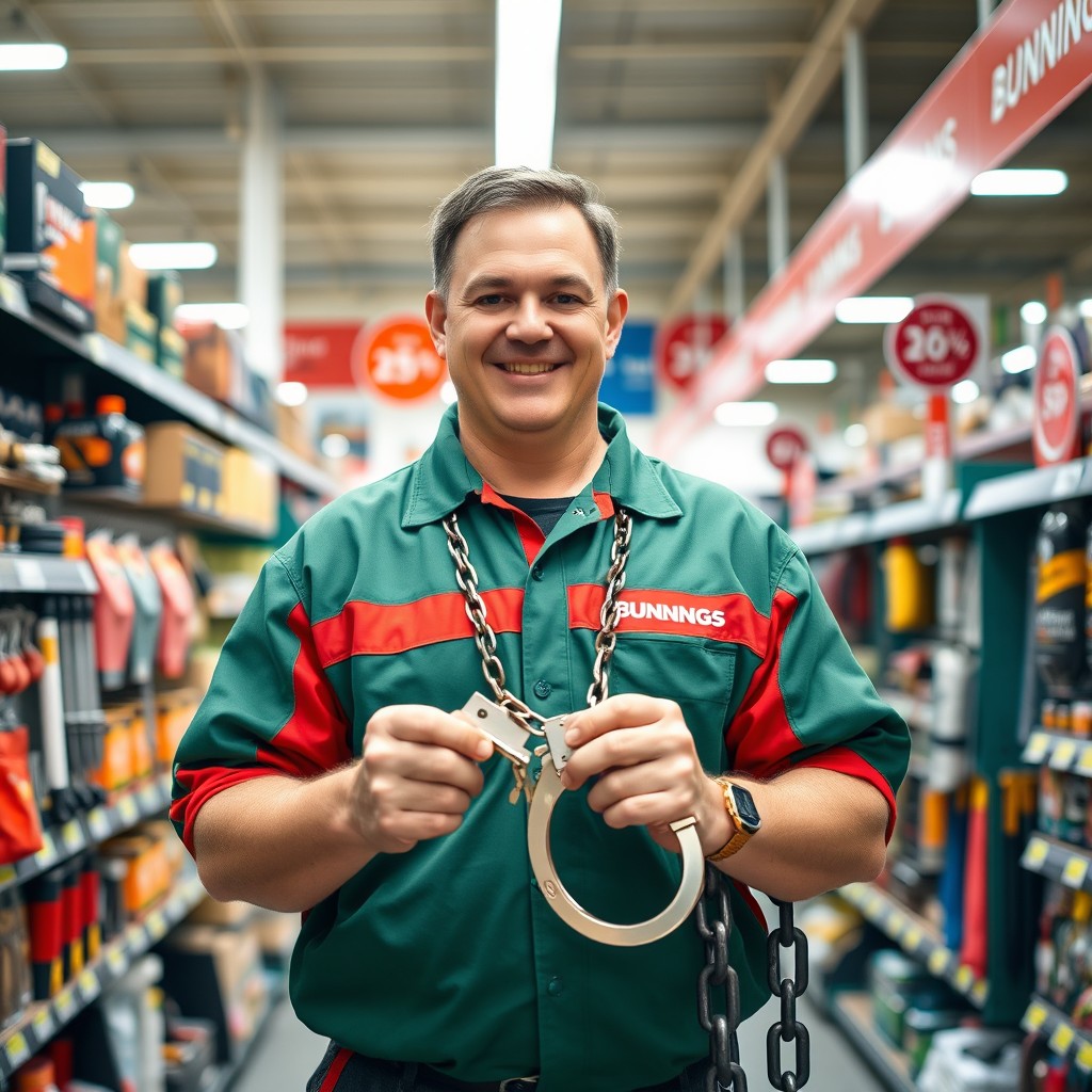 Bunnings Warehouse Employee Showcasing Tools with a Friendly Smile