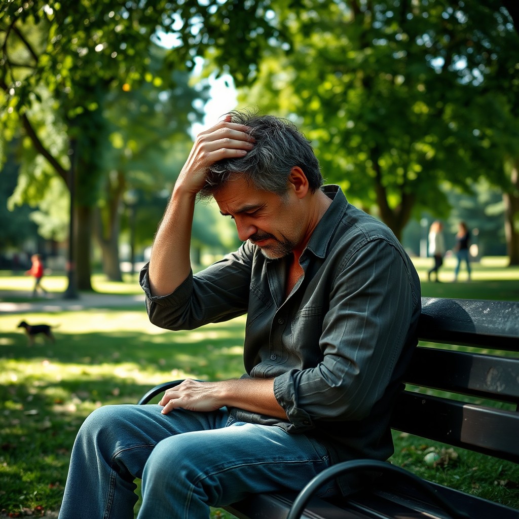 Finding Peace in Exhaustion: A Weary Man on a Park Bench