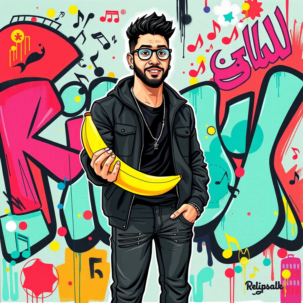 Vibrant Illustration of Iranian Rapper Reza Pishro with a Playful Twist
