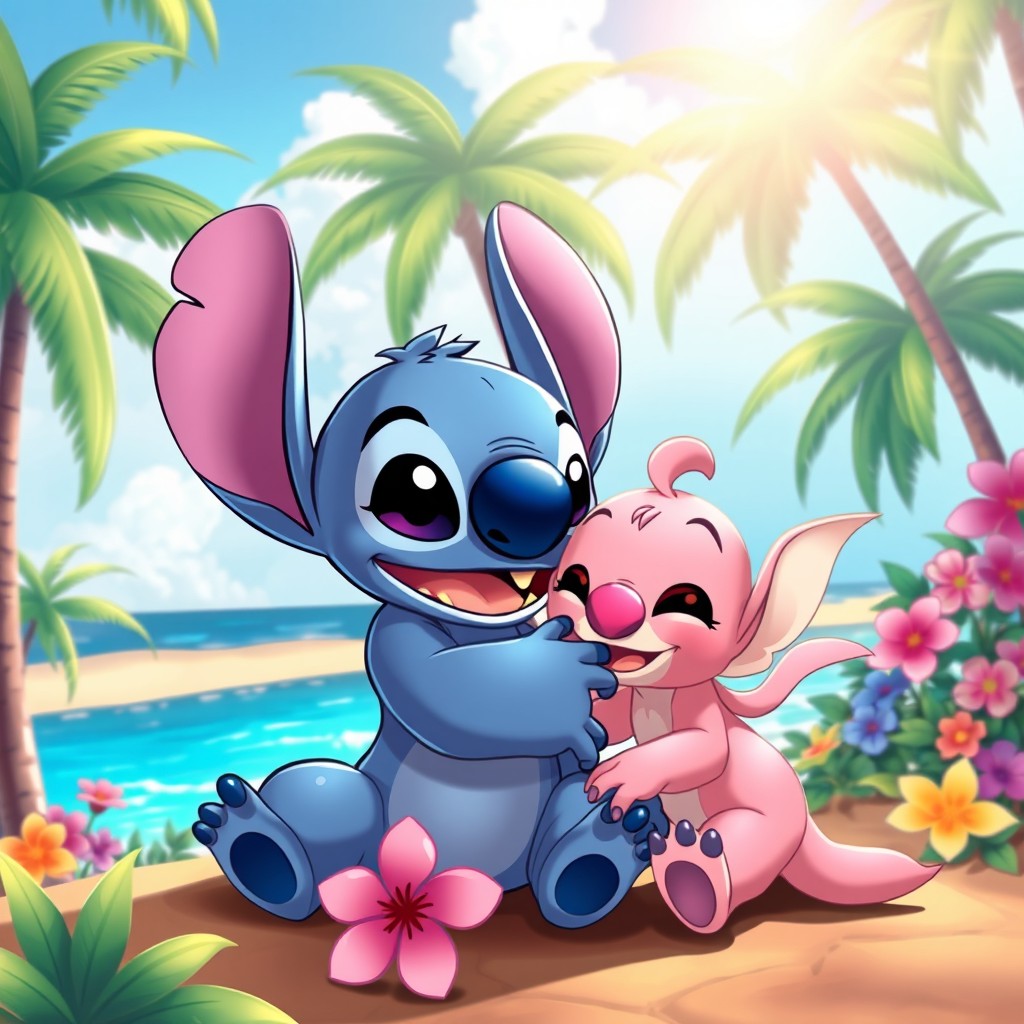 Whimsical Stitch and Angel Illustration in Tropical Paradise | Idyllic