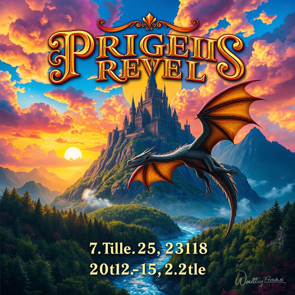 Enchanting Fantasy Landscape Poster Design with Majestic Dragon