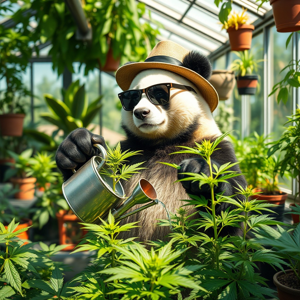 Chic Panda Bear in a Greenhouse: A Stylish Cannabis Caretaker