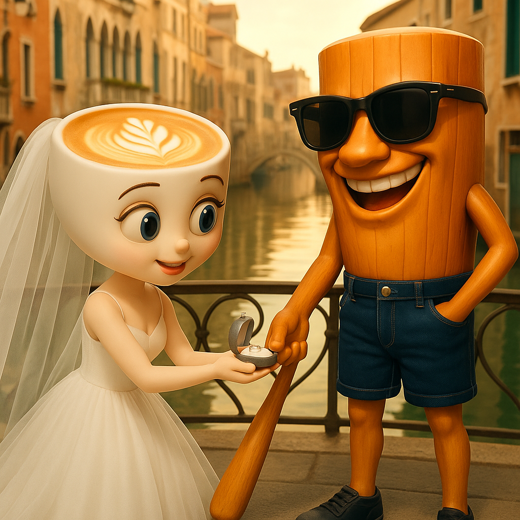 Whimsical Proposal: Coffee Cup & Wooden Character in a Colorful Canal