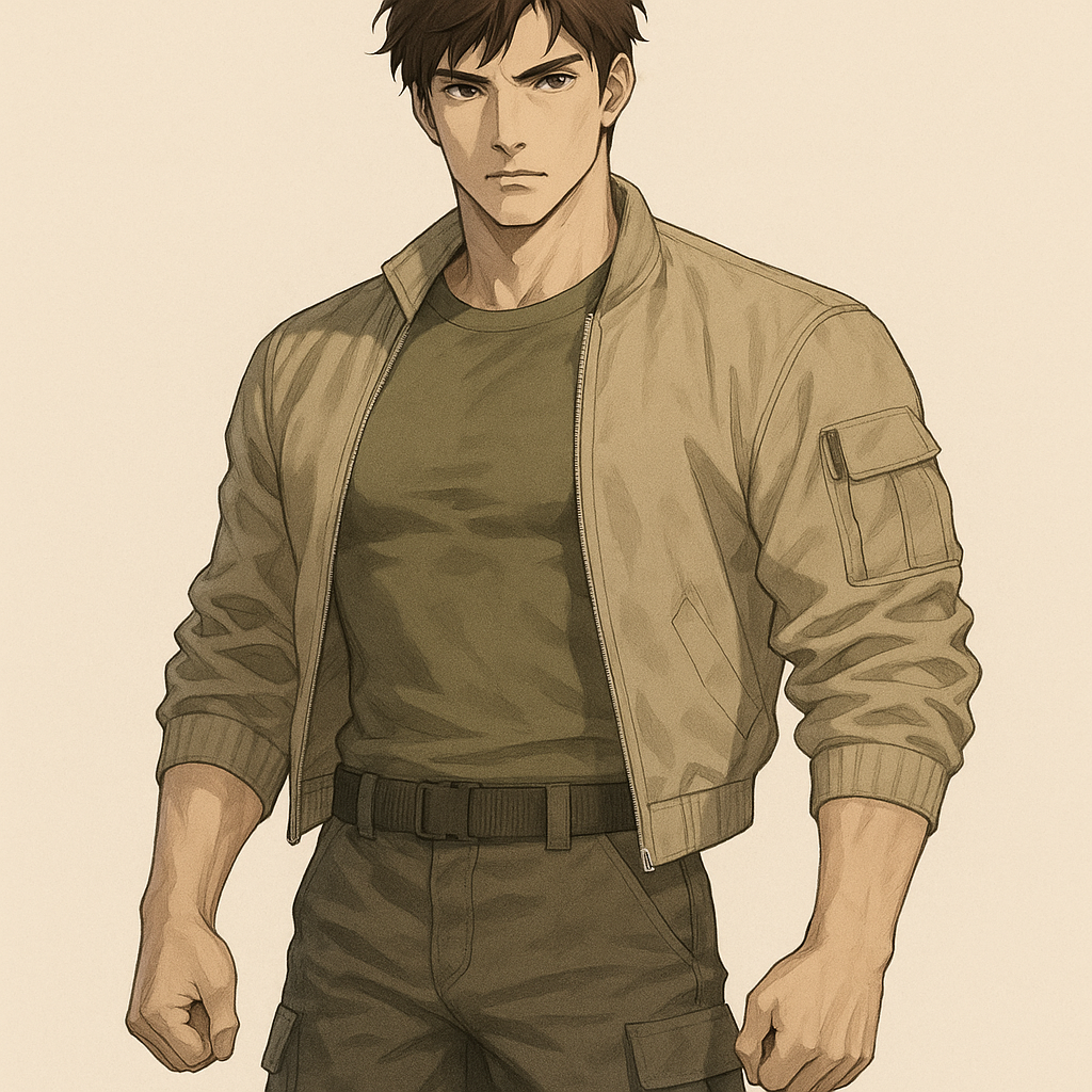 Dynamic Male Character Design with Military Influence and Serenity