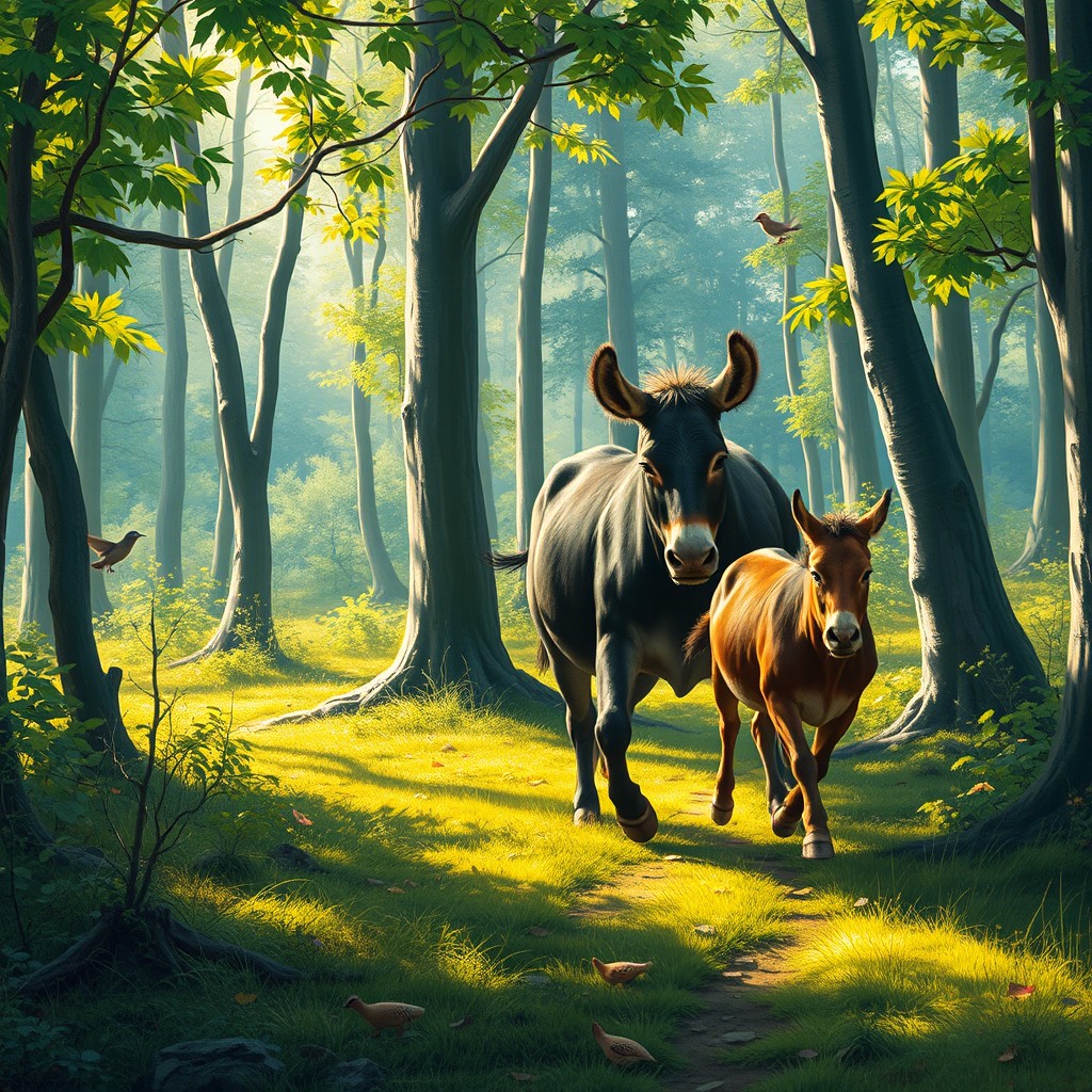 Journey Through a Lush Forest: Donkey and Bull Adventure