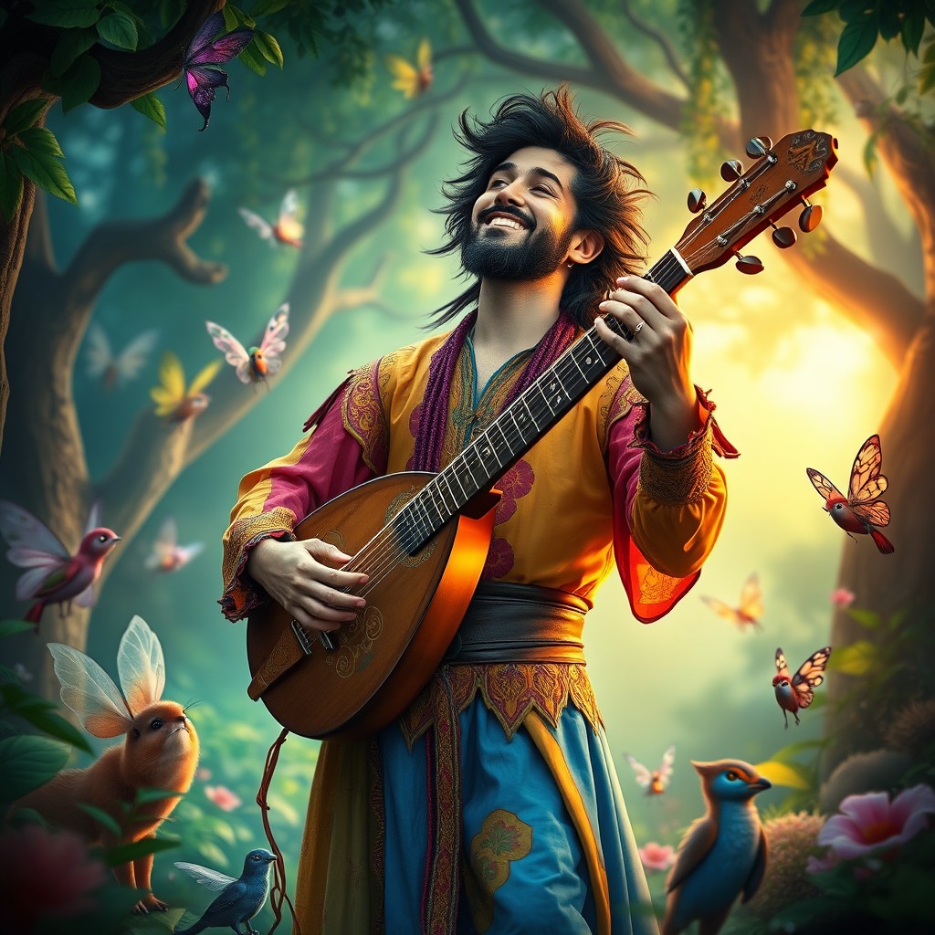 Whimsical Bard in Enchanted Forest: A Celebration of Music and Nature
