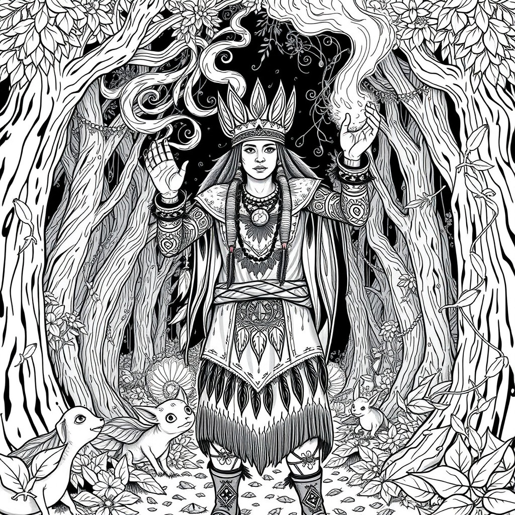 Enchanting Line Art: Shaman Casting Spells in a Mystical Forest