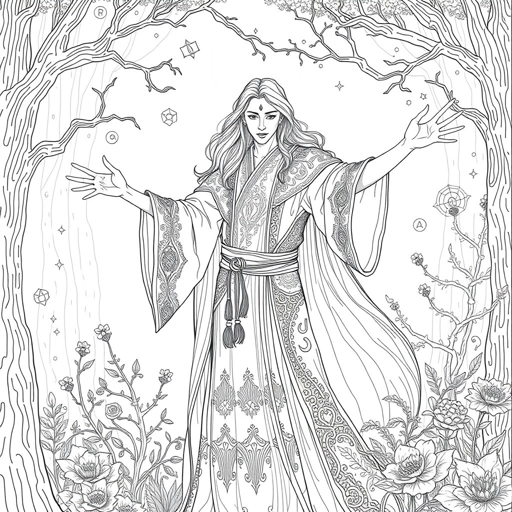 Mystical Druid Dance: Summoning a Tree Defender in Delicate Line Art
