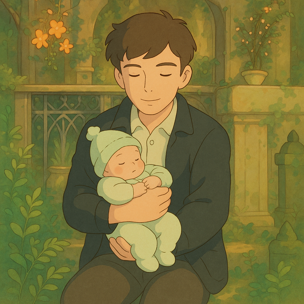 Enchanting Studio Ghibli Illustration of a Man and Baby in a Magical ...