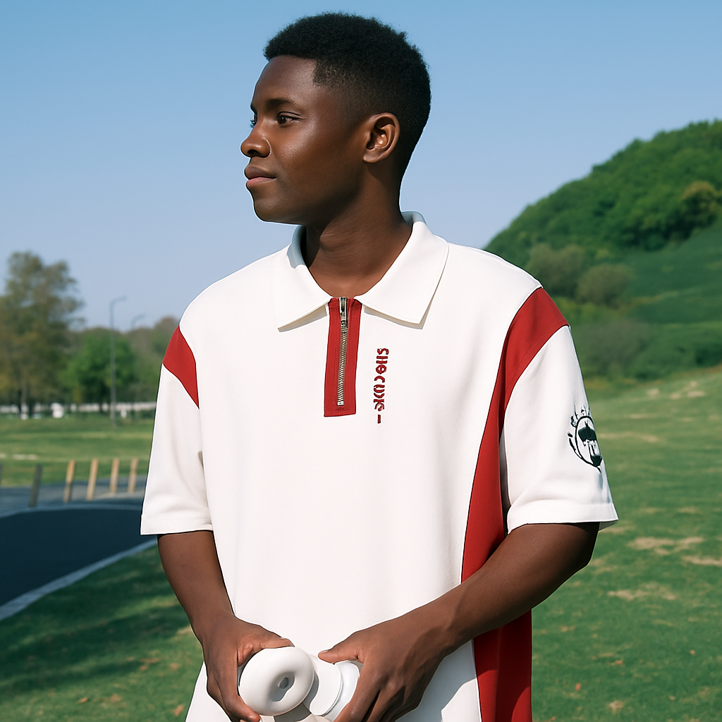 Trendy Outdoor Fashion: Young Black Male Model in Oversized Polo