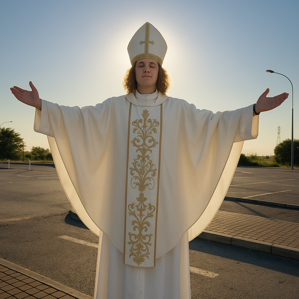 A Moment of Joy: Young Man in Papal Attire Embraces the Sky