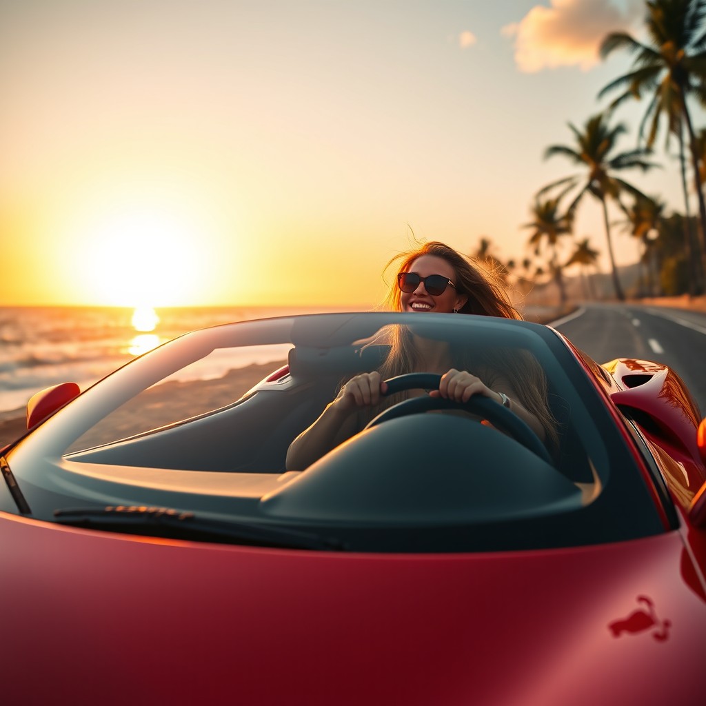 Luxury Sunrise Drive: Woman in Red Ferrari on Coastal Road