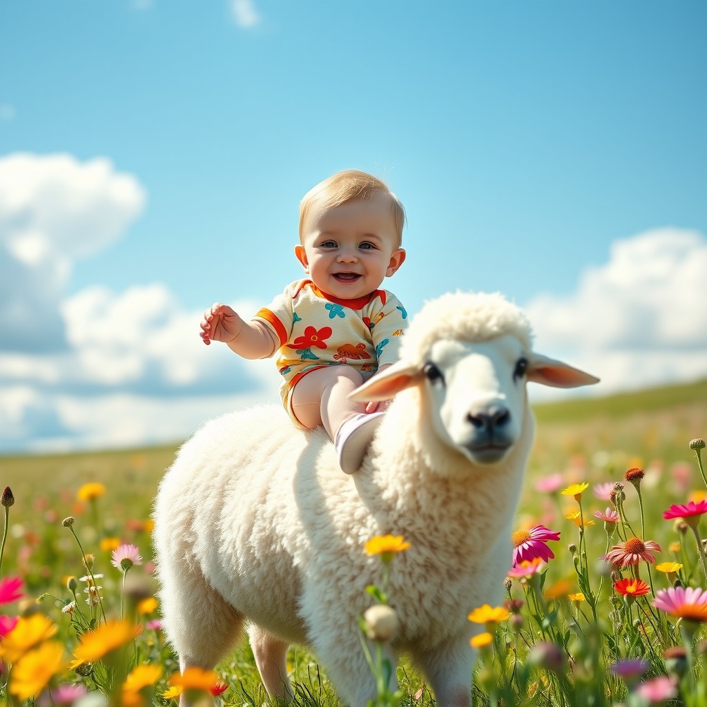 Joyful Baby Boy Riding a Fluffy Sheep in a Sunny Meadow