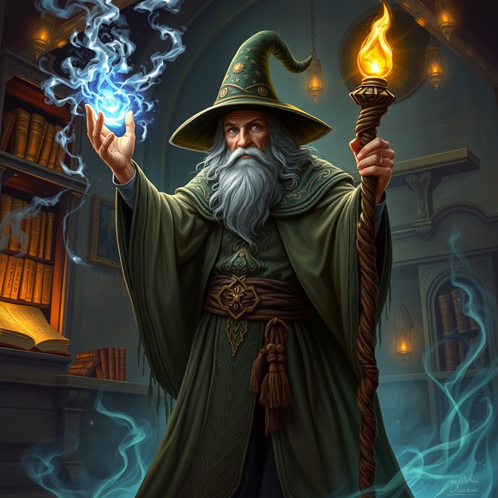 Enchanting Wizard Casting Spells in a Mystical Library | Idyllic Ideas