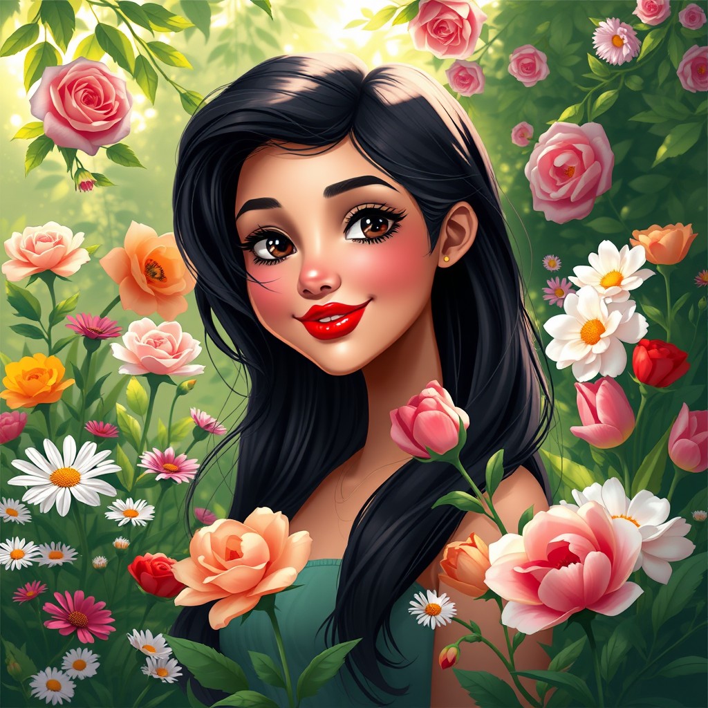 Enchanting 2D Acrylic Painting of a Joyful Young Woman in a Flower Garden