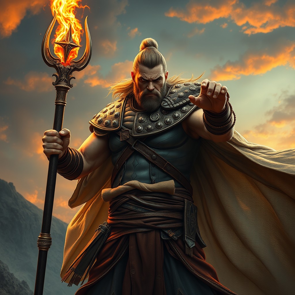 Fierce Warrior with Flaming Staff - Epic AI Art