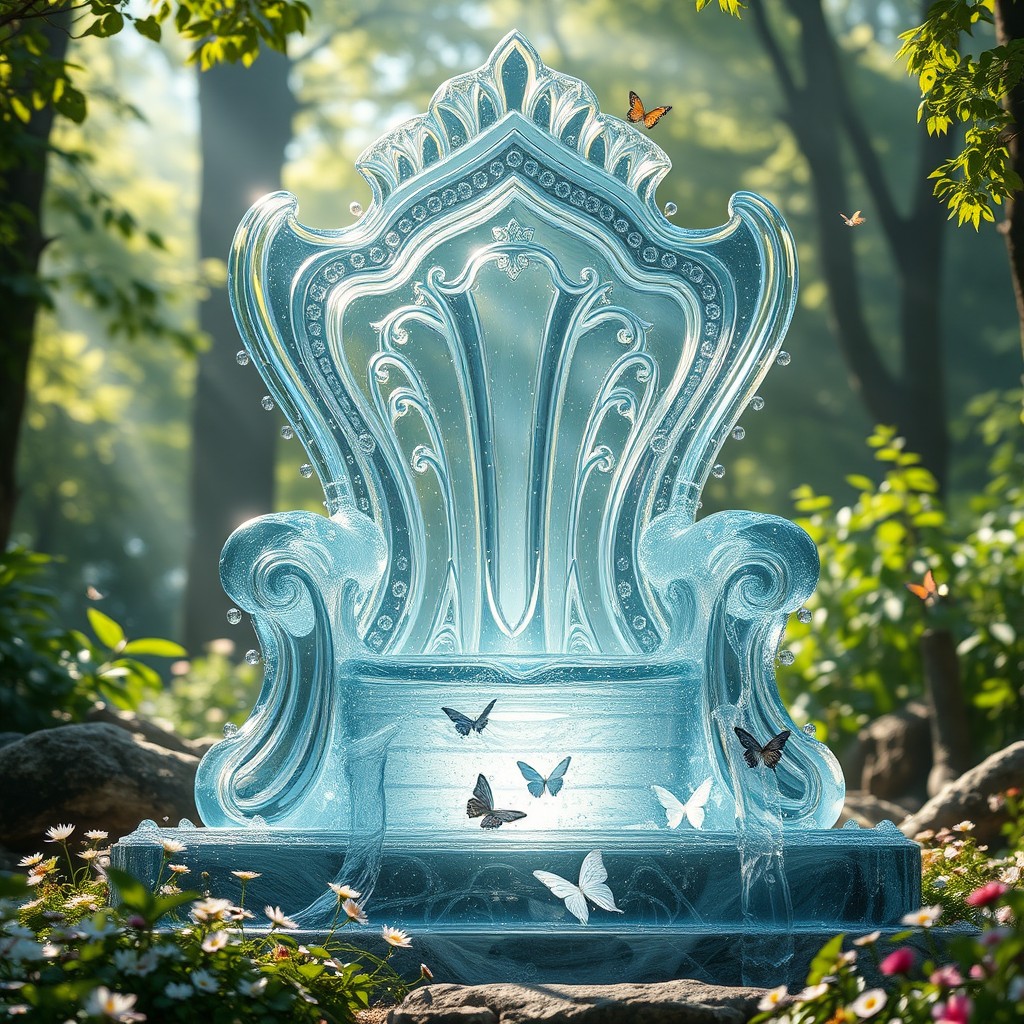 Enchanted Crystal Water Throne in a Serene Forest