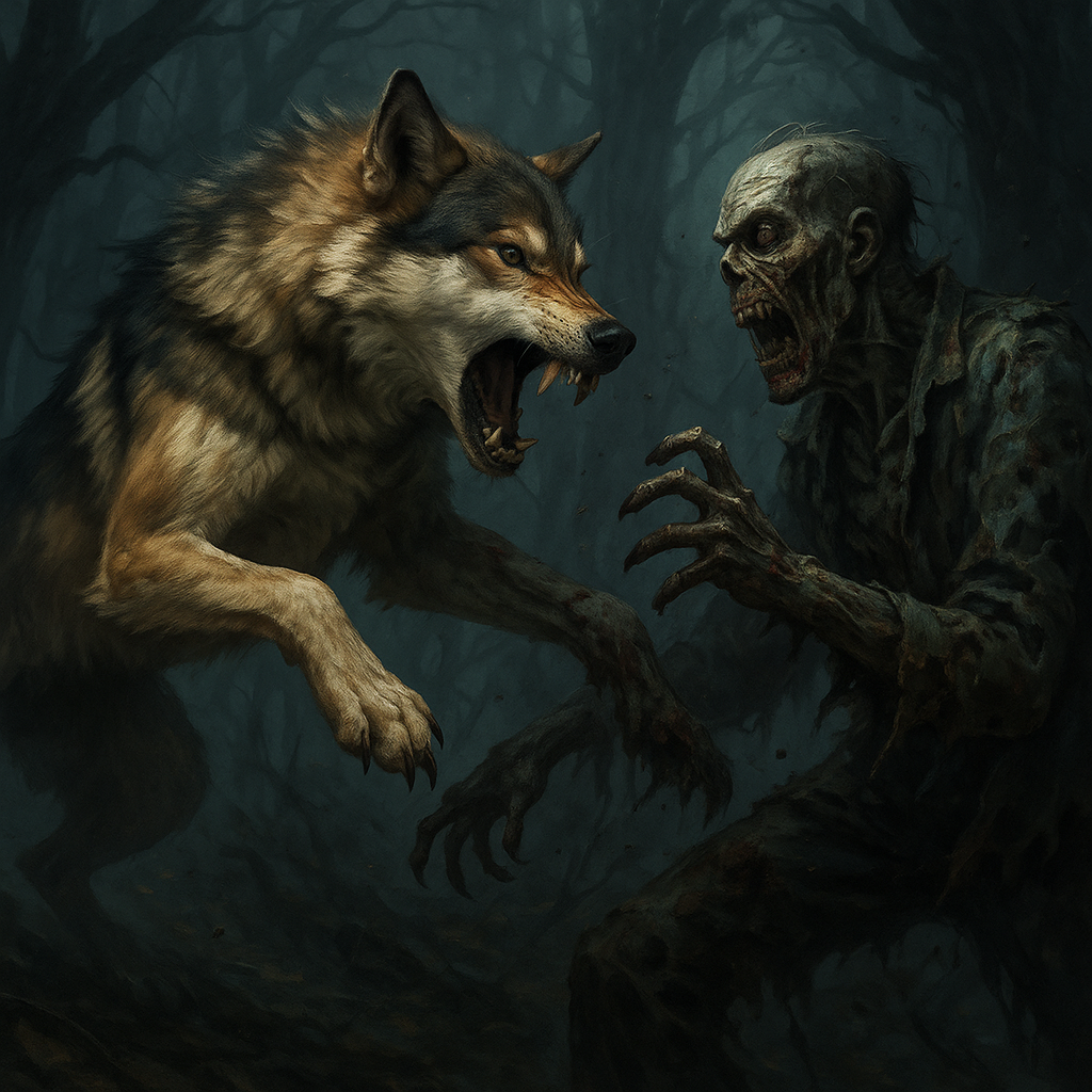 Epic Showdown: Wolf vs Zombie in an Eerie Forest