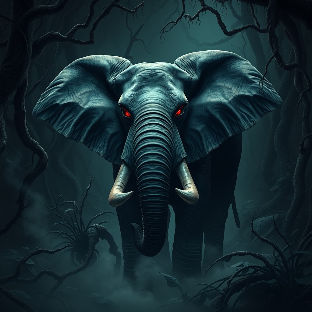 Sinister Elephant in Dark Jungle – A Chilling AI Art Experience